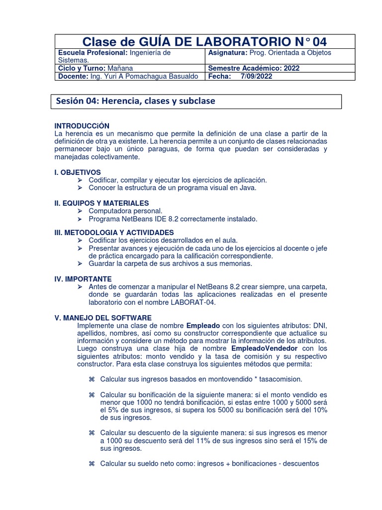 Clase de Guía de Laboratorio #04: Sesión 04: Herencia, Clases y Subclase | PDF | Herencia ...