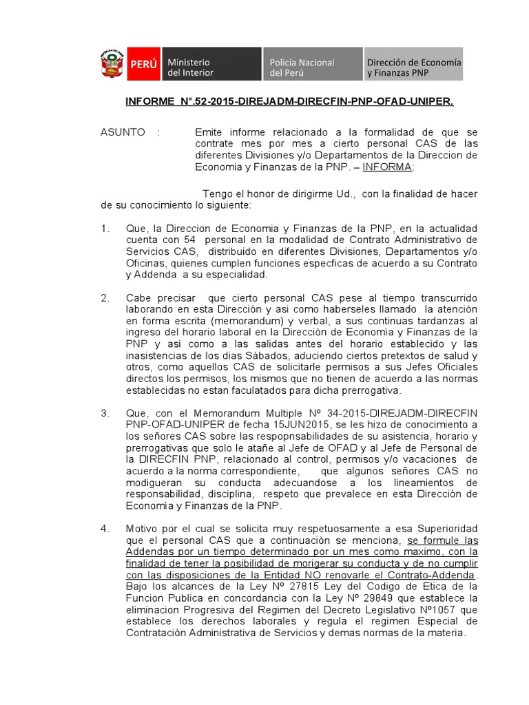 Informe N°.52-2015-Direjadm-Direcfin-Pnp-Ofad-Uniper | PDF | Administración Pública | Justicia