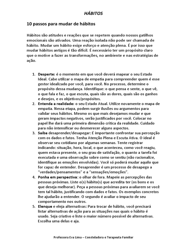 10 Passos para Mudar de Hábitos | PDF | Pensamento | Empatia 10 Passos para Mudar de Hábitos | PDF | Pensamento | Empatia