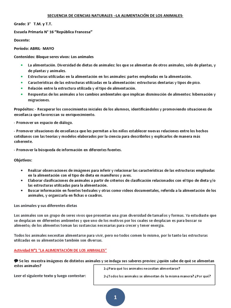 La Alimentación de Los Animales 3° Secuencia ABRIL | PDF | Aves | Diente
