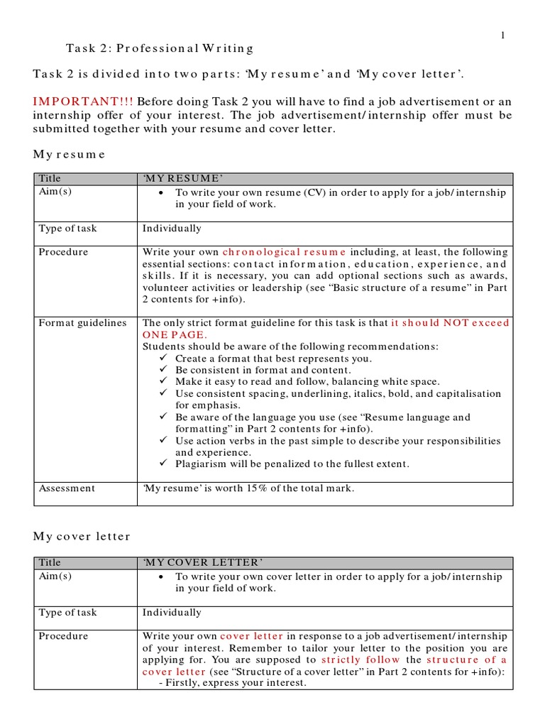 Instructions Task 2 My Resume and Cover Letter | PDF