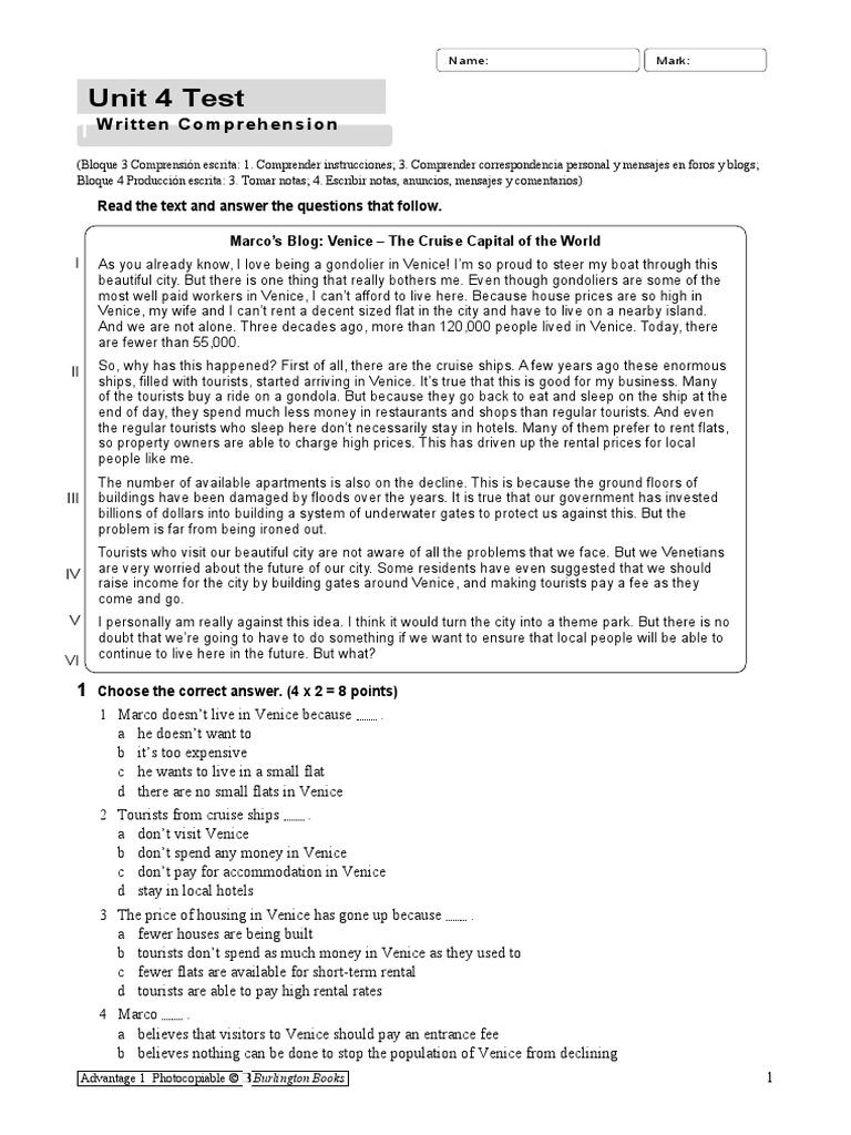03advantage1 UT4 Test WrittenComp | PDF | Venice | Economies