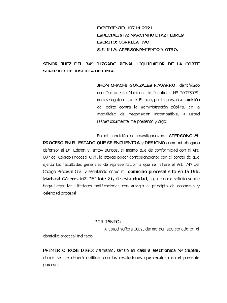 Apersonamiento Jhon Chachi | PDF