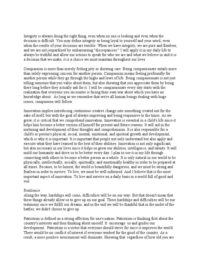 Core Values | PDF | Compassion | Integrity