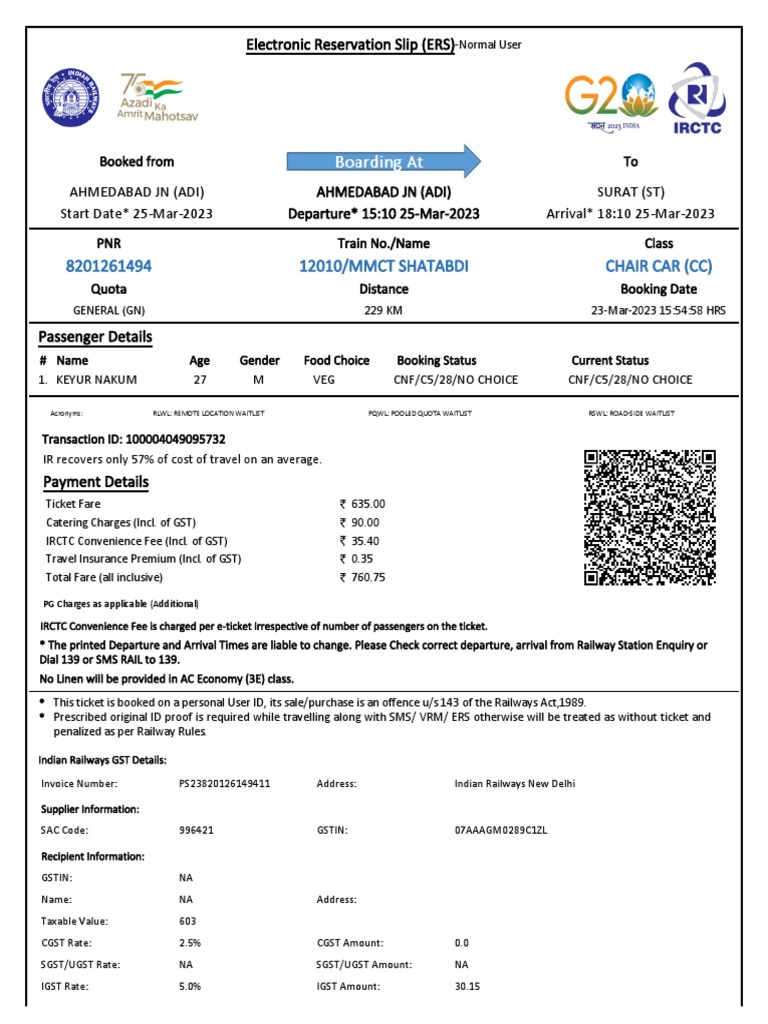 12010/Mmct Shatabdi Chair Car (CC) | PDF | Identity Document