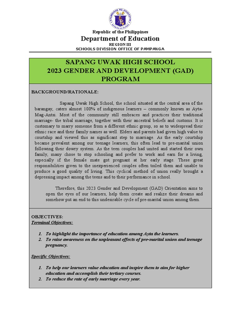 GAD Training Proposal SUHS Parents and Teachers | PDF | Marriage ...