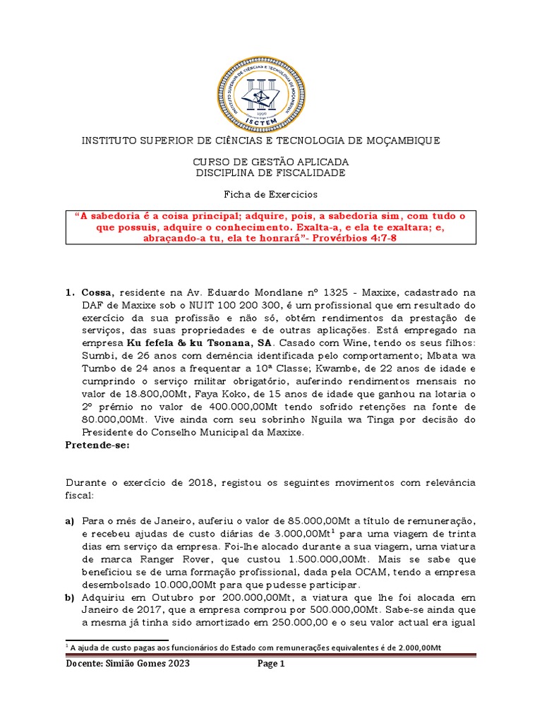 Ficha de Exercicios IRPS | PDF | Empréstimos | Juros