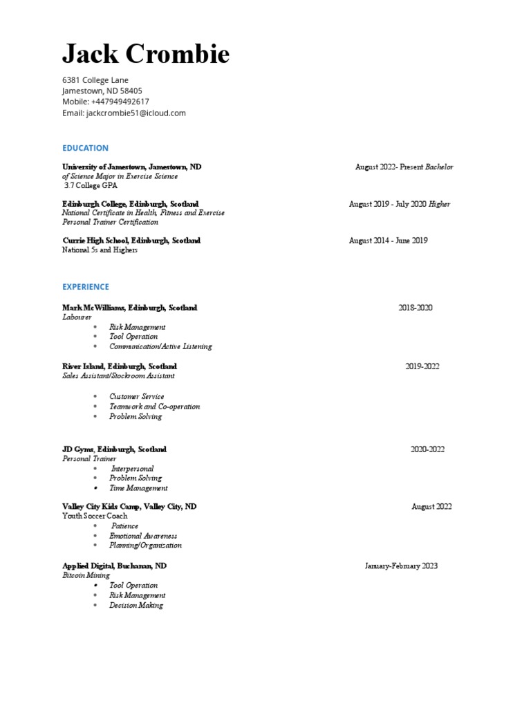 Jack Crombie's Resume: Exercise Science Major | PDF | Personal Trainer ...
