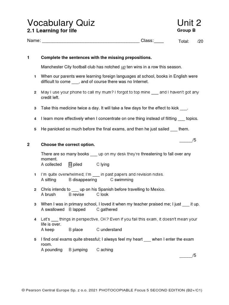 Focus5 2E Vocabulary Quiz Unit2.1 GroupB | PDF | Linguistics
