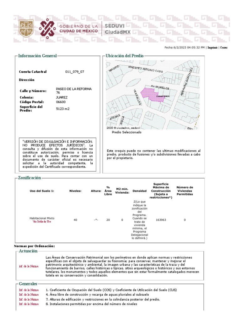 Información General Ubicación Del Predio: Fecha:6/2/2023 04:05:32 PM - Imprimir - Cerrar | PDF