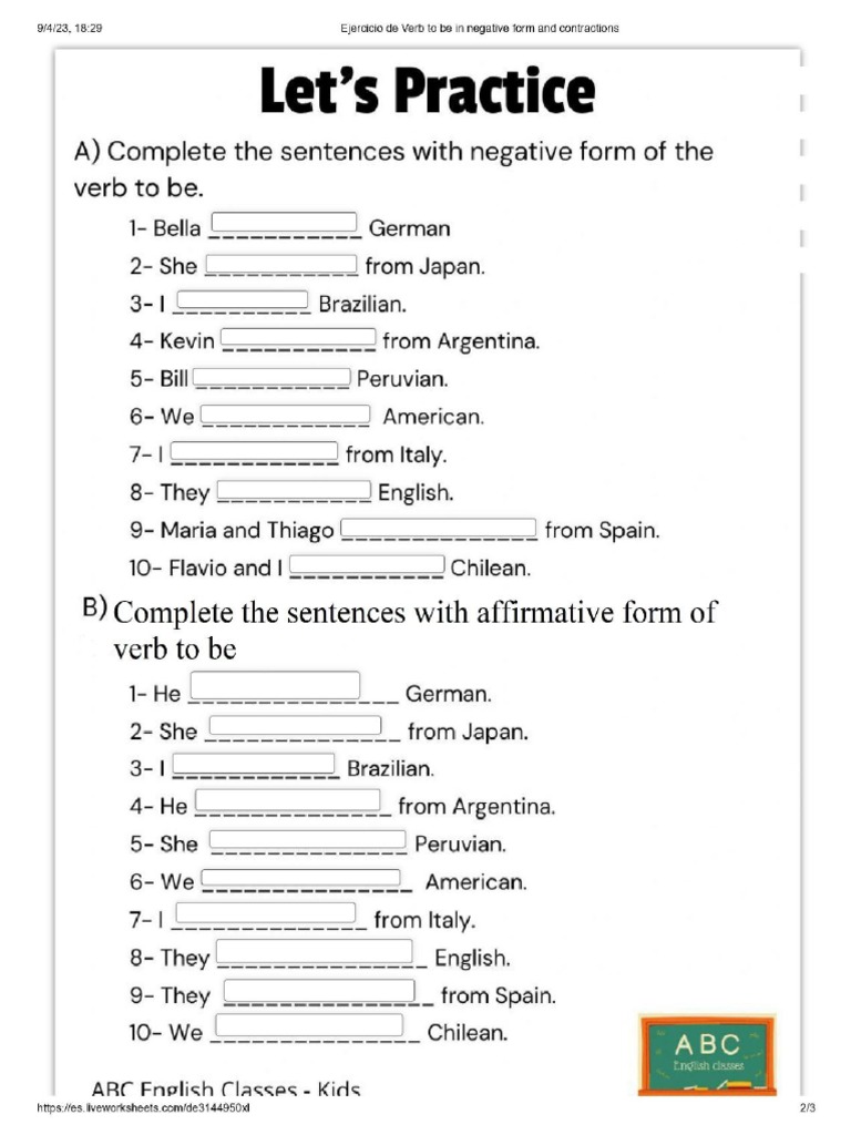Ejercicio de Verb To Be in Negative and Affirmative Form | PDF