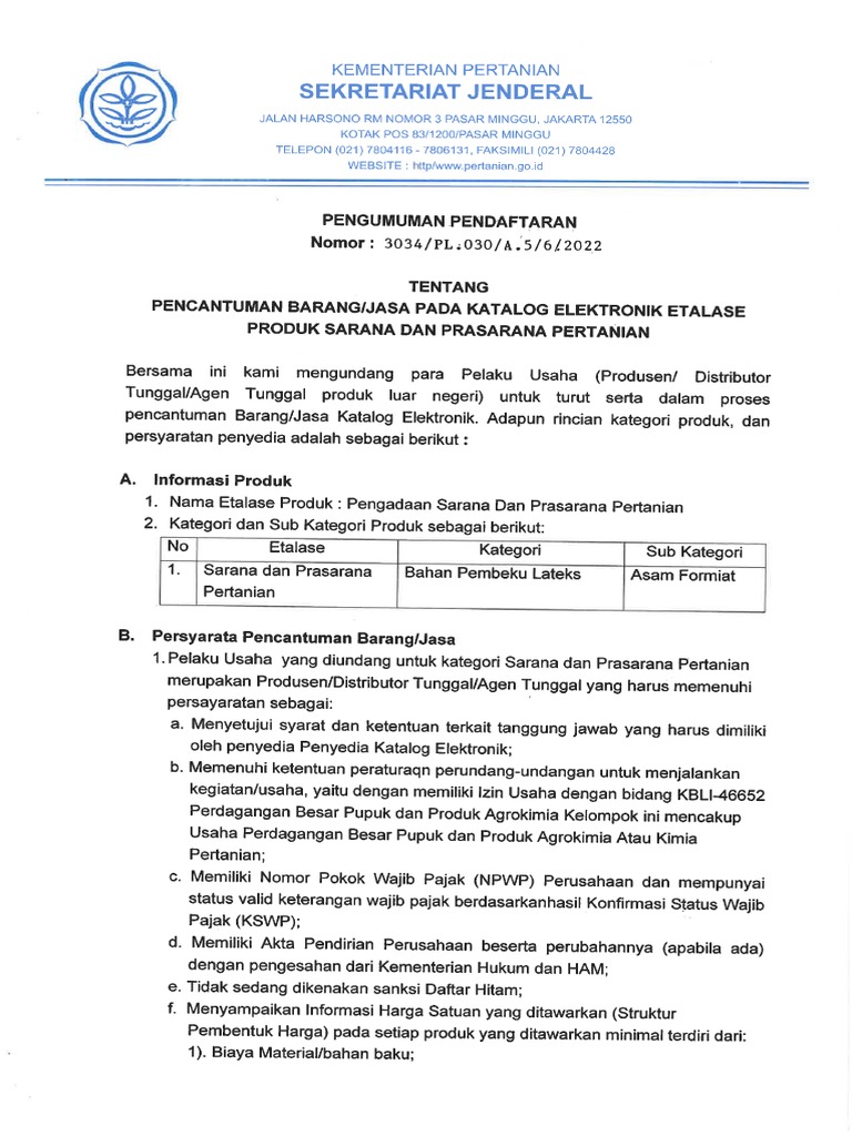 PENGUMUMAN PENDAFTARAN PRODUK ASAM FORMIAT | PDF