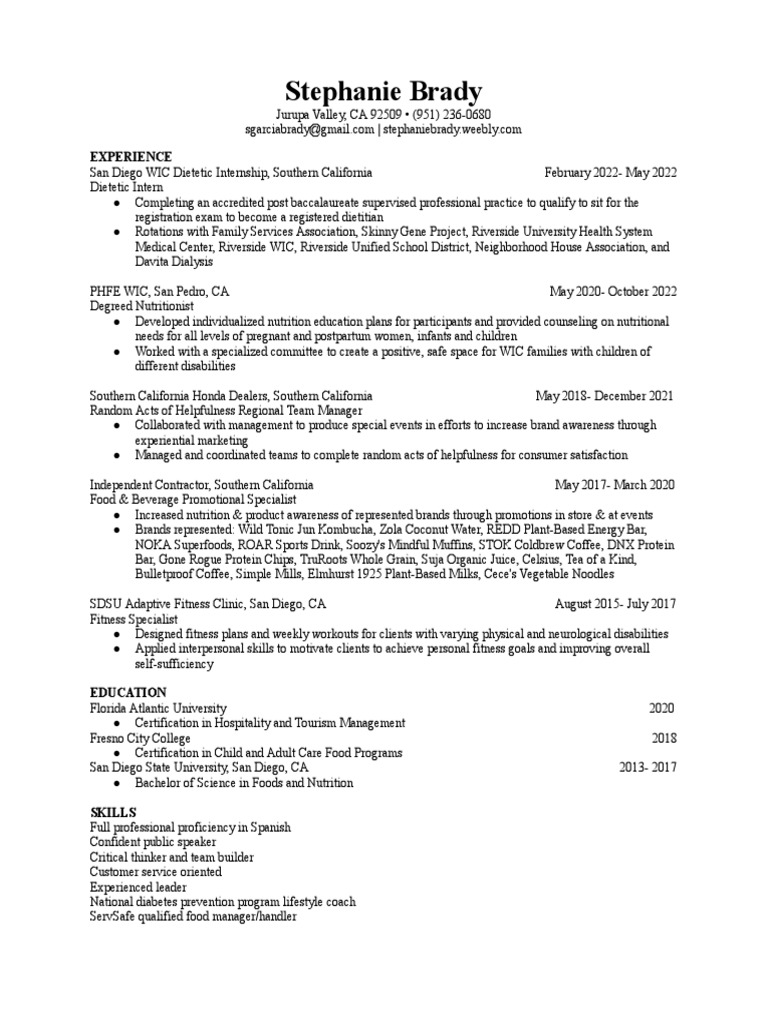 Stephanie Brady Resume | PDF | Dietitian | Wic