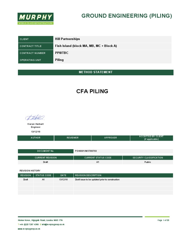 CFA Piling Method Statement for Fish Island | PDF | Deep Foundation ...