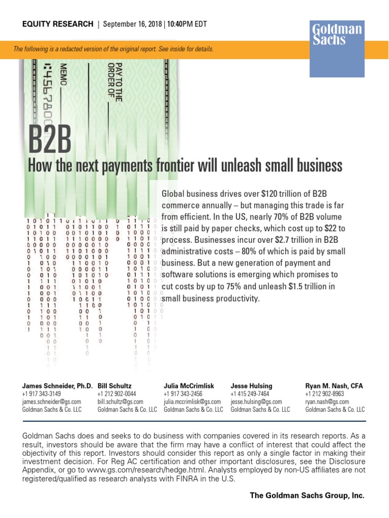 Goldman Sachs Research - B2B - How The Next Payments Frontier Will Unleash Small Business | PDF ...