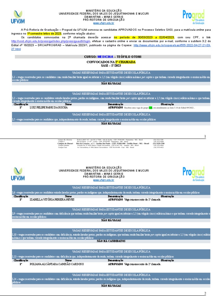 Medicina - Teófilo Otoni - Segunda - Chamada - Sasi - 2023 - 1 | PDF