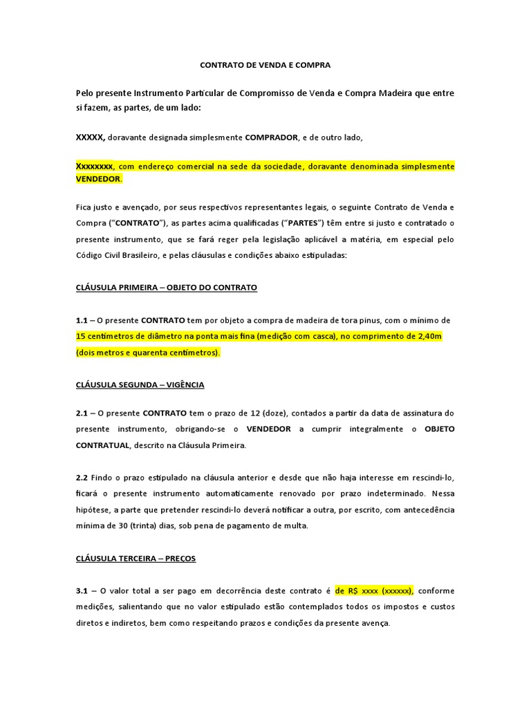 Contrato De Compra E Venda De Madeira De Pinus Entre Empresa Compradora