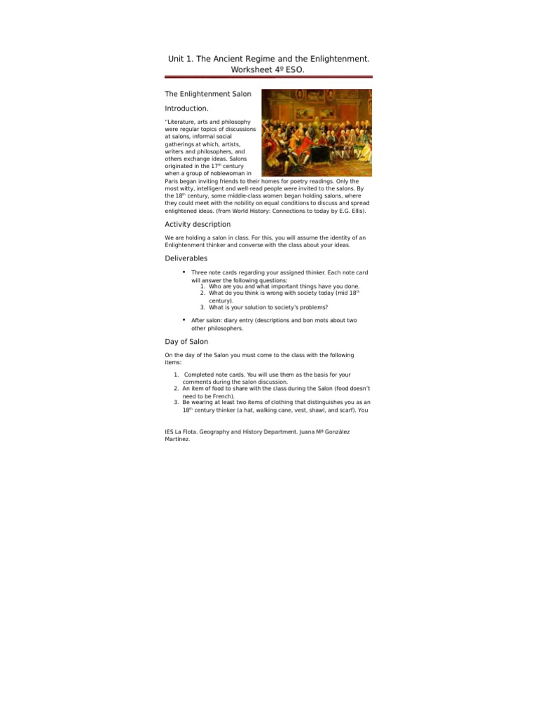 The Enlightenment Salon. Activity Unit 1 - PDF - Age of Enlightenment ...