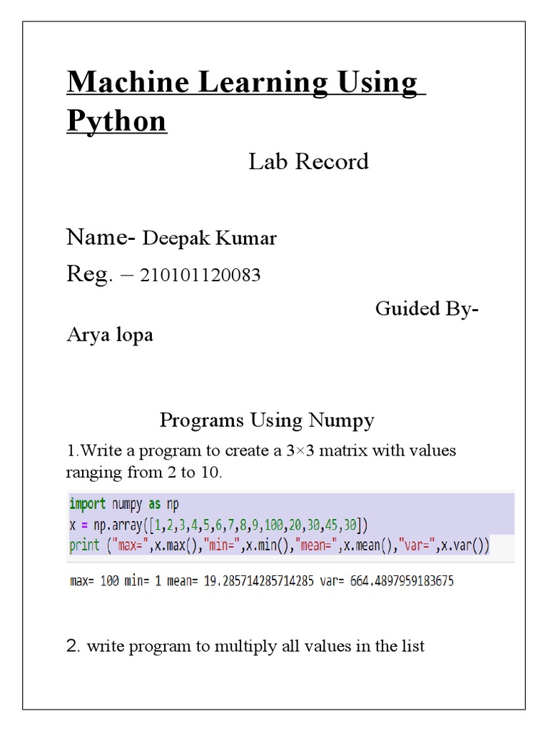 Machine Learning Using Python: Lab Record Name-Reg. | PDF