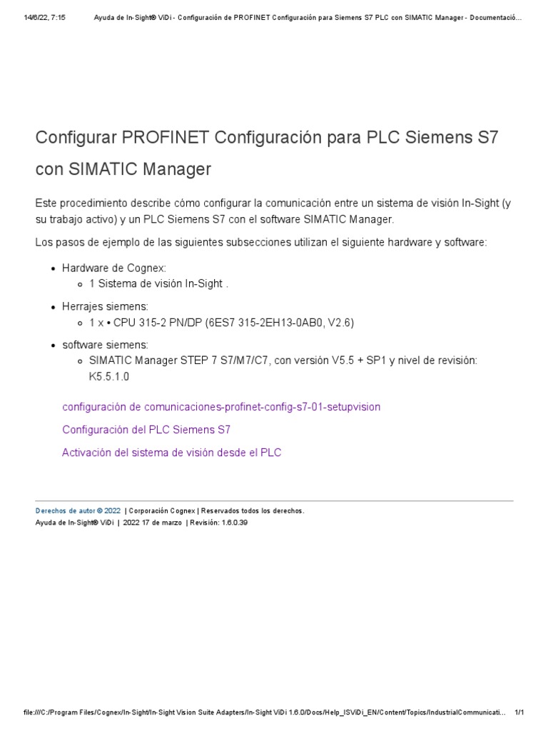 Ayuda de In-Sight® ViDi - Configuración de PROFINET Configuración para Siemens S7 PLC Con ...
