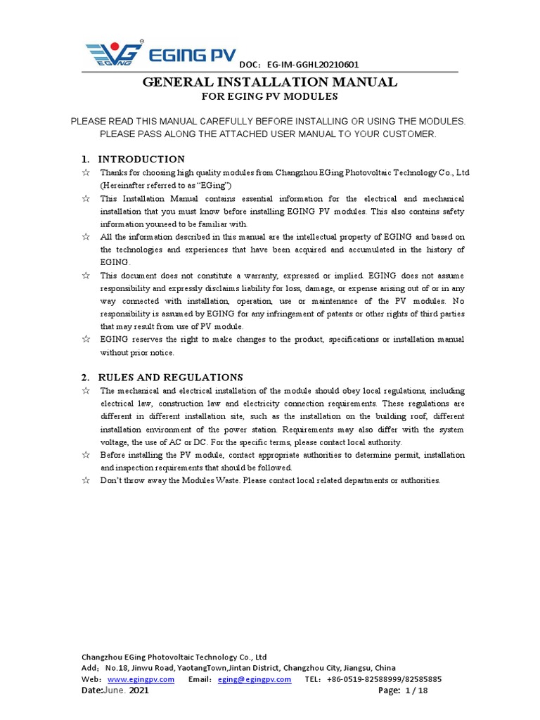 Eging Installation Manual | PDF | Photovoltaics | Solar Panel