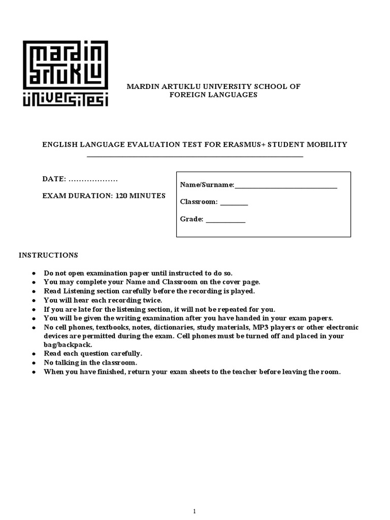 Erasmus Student Mobility Sample Exam | PDF