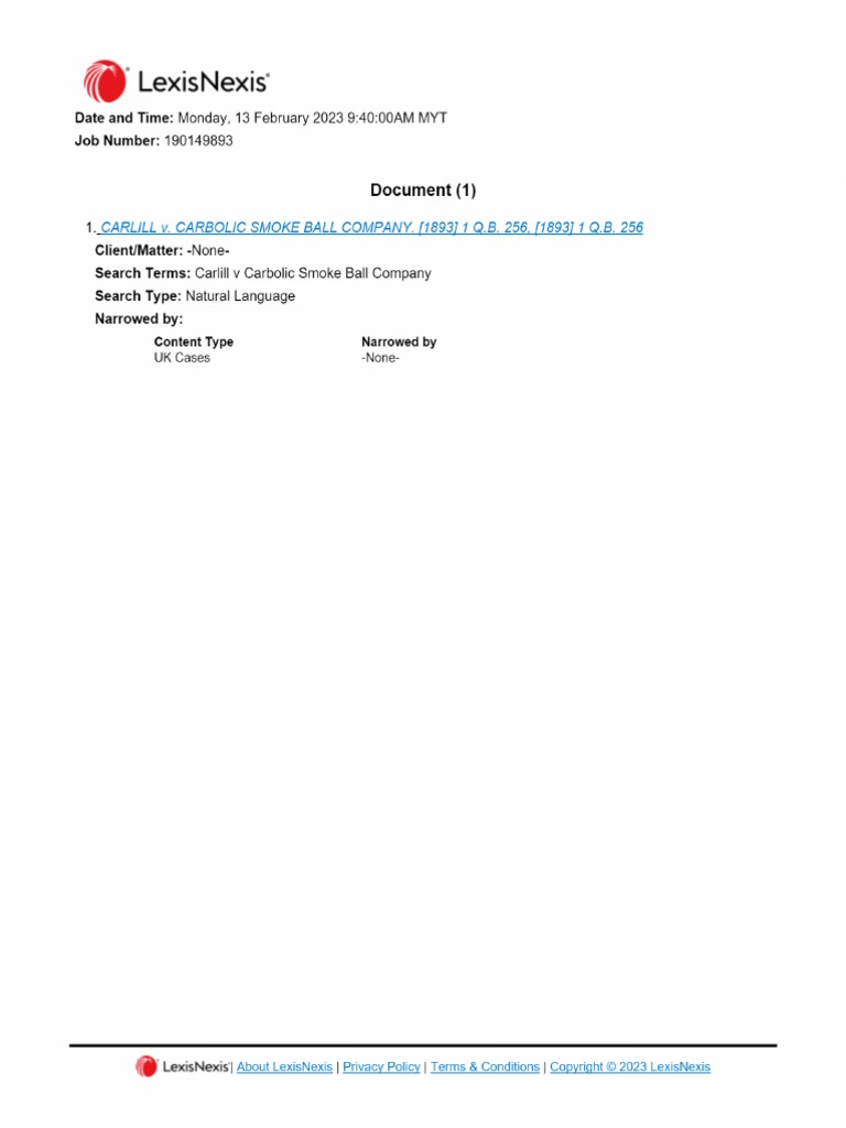 CARLILL V CARBOLIC SMOKE BALL COMPANY 1893 1 Q B 256, 1893 1 Q B | PDF