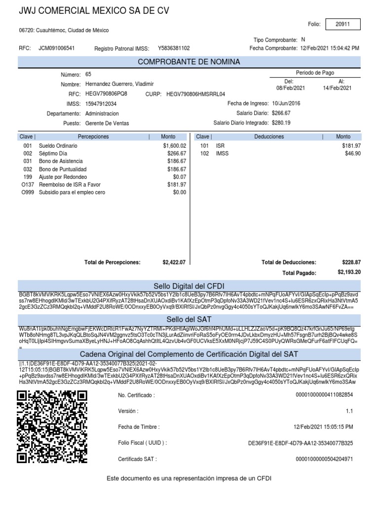 Comprobante de Nomina: Este Documento Es Una Representación Impresa de ...