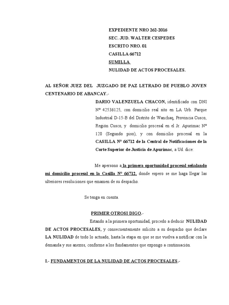 Nulidad de Notificacion | PDF | Demanda judicial | Debido al proceso