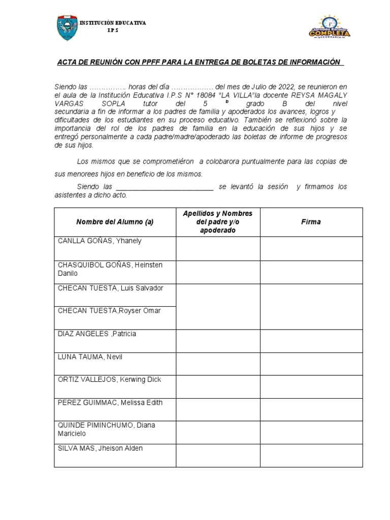 Acta de Reunión Con PPFF para La Entrega de Boletas de Información | PDF