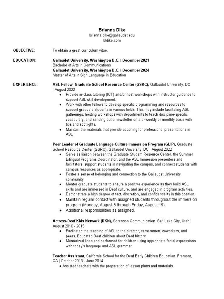 Dike CV | PDF | American Sign Language | Teaching