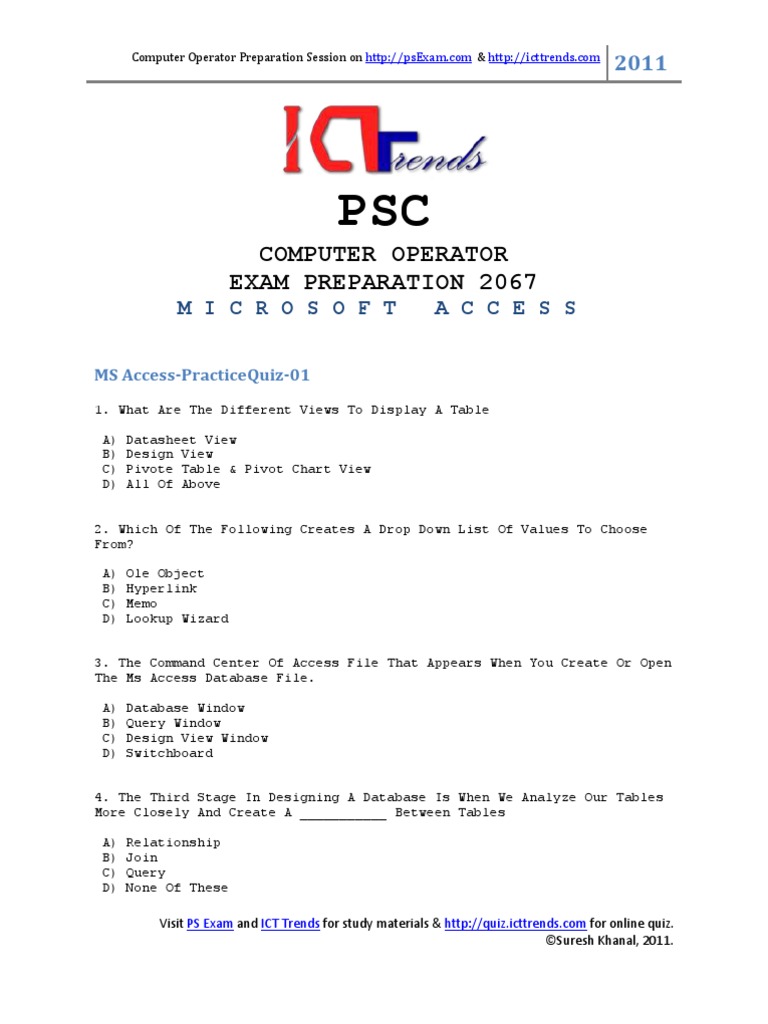 Ms Access Practice Quiz 01 | PDF | Databases | Data Management