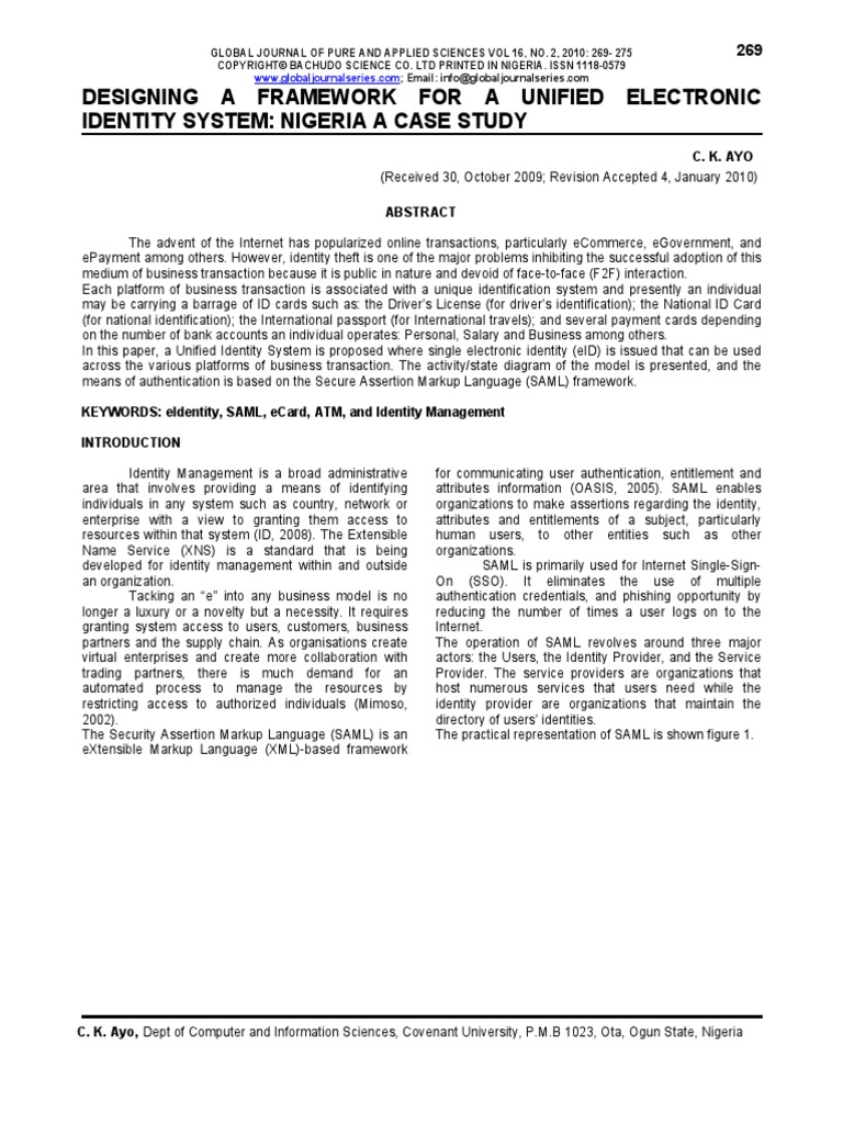 Designing A Framework For A Unified Electronic Identity System: Nigeria ...