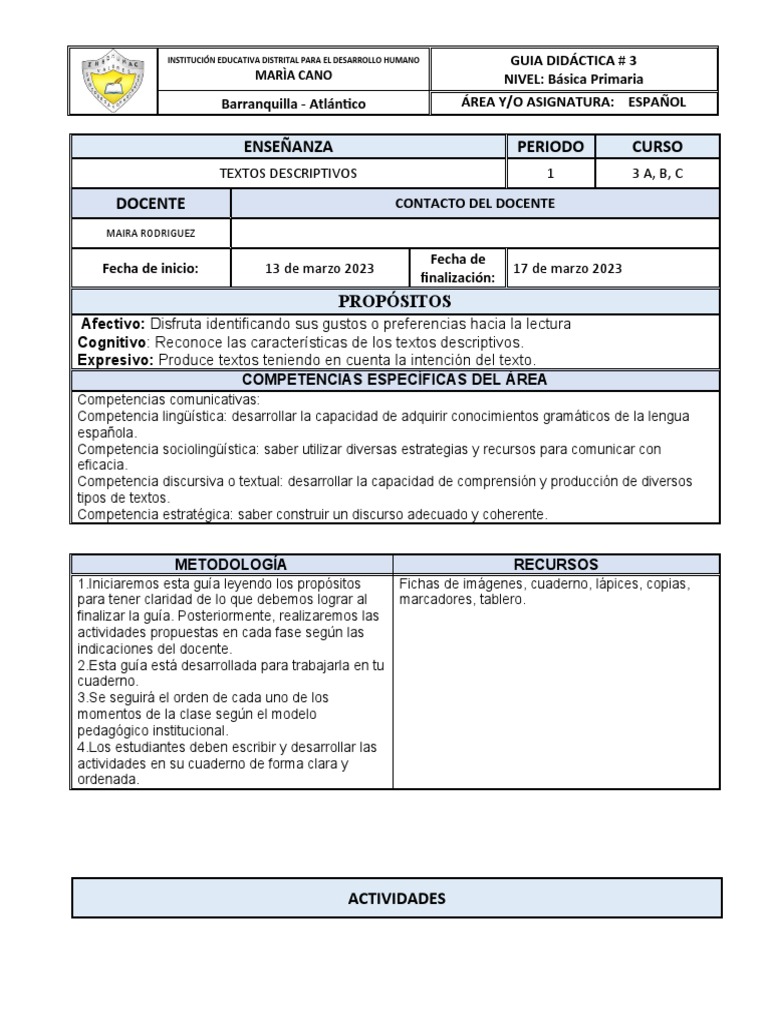 Guía 3 Español 3° Per 1 2023 | PDF | Cognición | Lingüística
