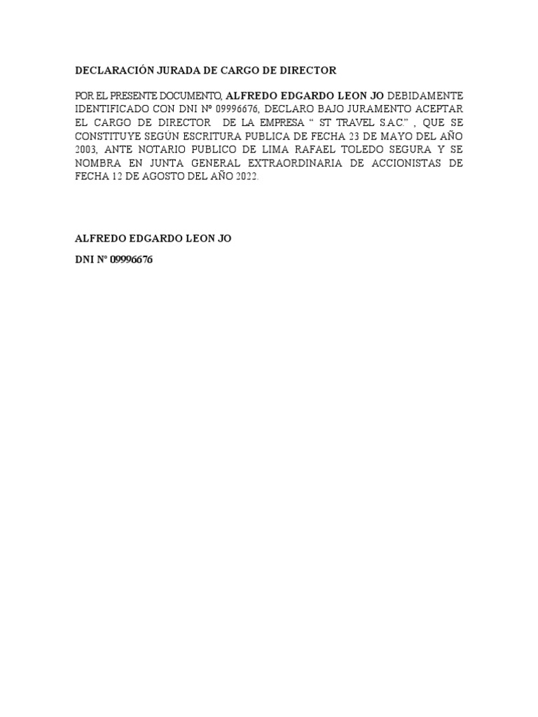 Declaración Jurada de Cargo: Director ST Travel S.A.C. | PDF