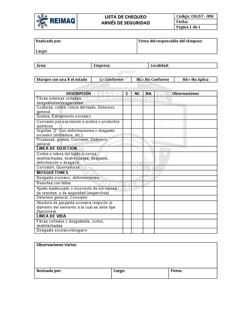 Check List Arnés de Seguridad | PDF