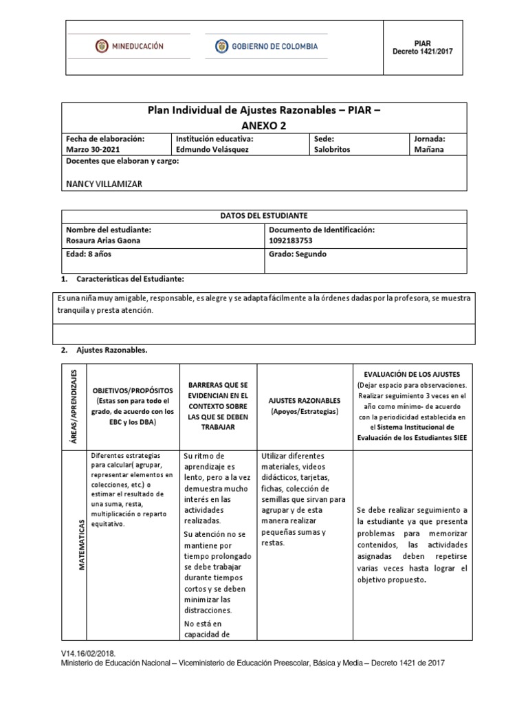 Ejemplo de PIAR Diligenciado 2024 | PDF | Educación de la primera ...