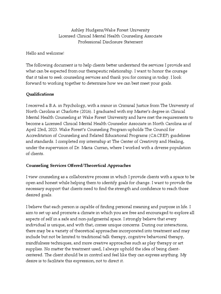 Ashley Hudgens Counseling Disclosure Statement | PDF | Psychotherapy ...