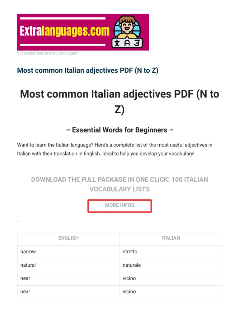 Most Common Italian Adjectives PDF (N To Z) | PDF | Linguistics