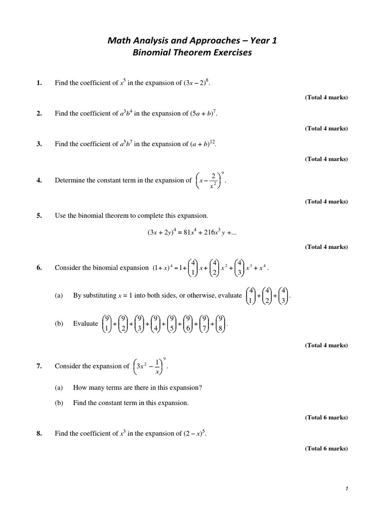 IB Math AA SL Binomial Theorem | PDF | Mathematical Analysis ...