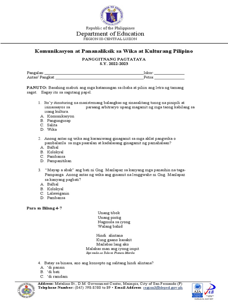 Filipino 11 Mya | PDF