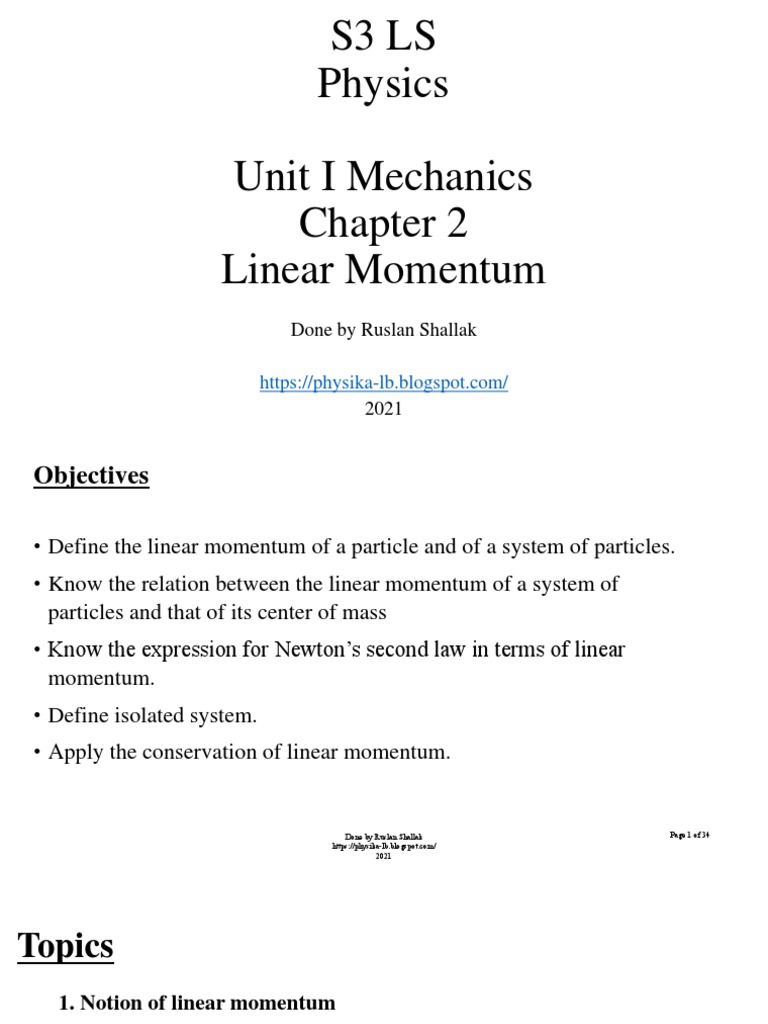 S3 Ls Physics Unit I Mechanics Linear Momentum: Done by Ruslan Shallak | PDF | Momentum | Collision