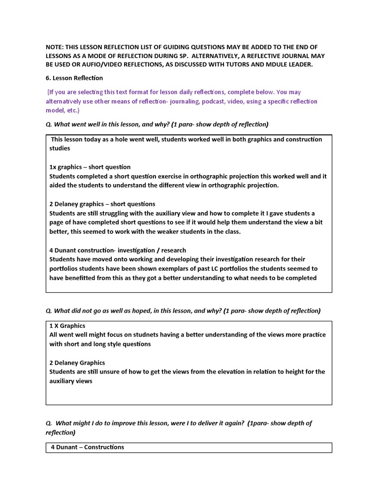 Lesson Reflection and Improvement Strategies | PDF | Cognitive Science ...