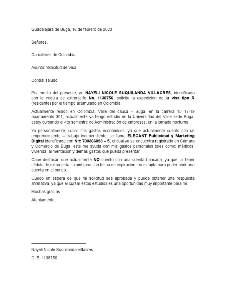 Carta Solicitud de Visa | PDF