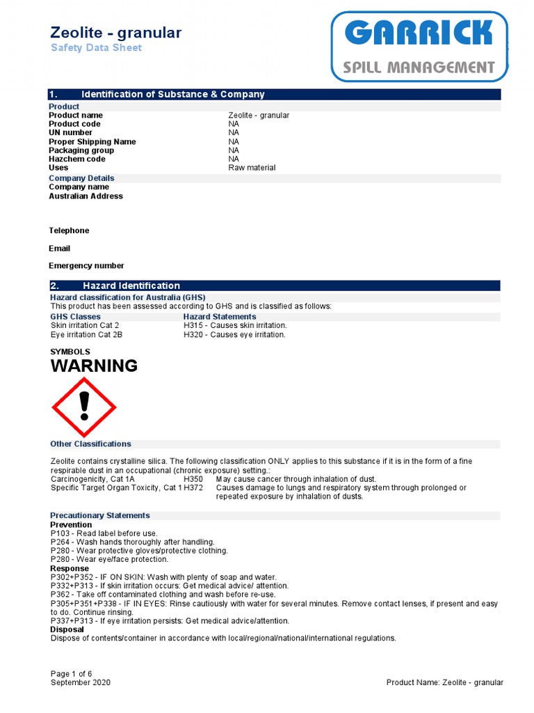 Zeolite Msds | PDF | Silicon Dioxide | Toxicity