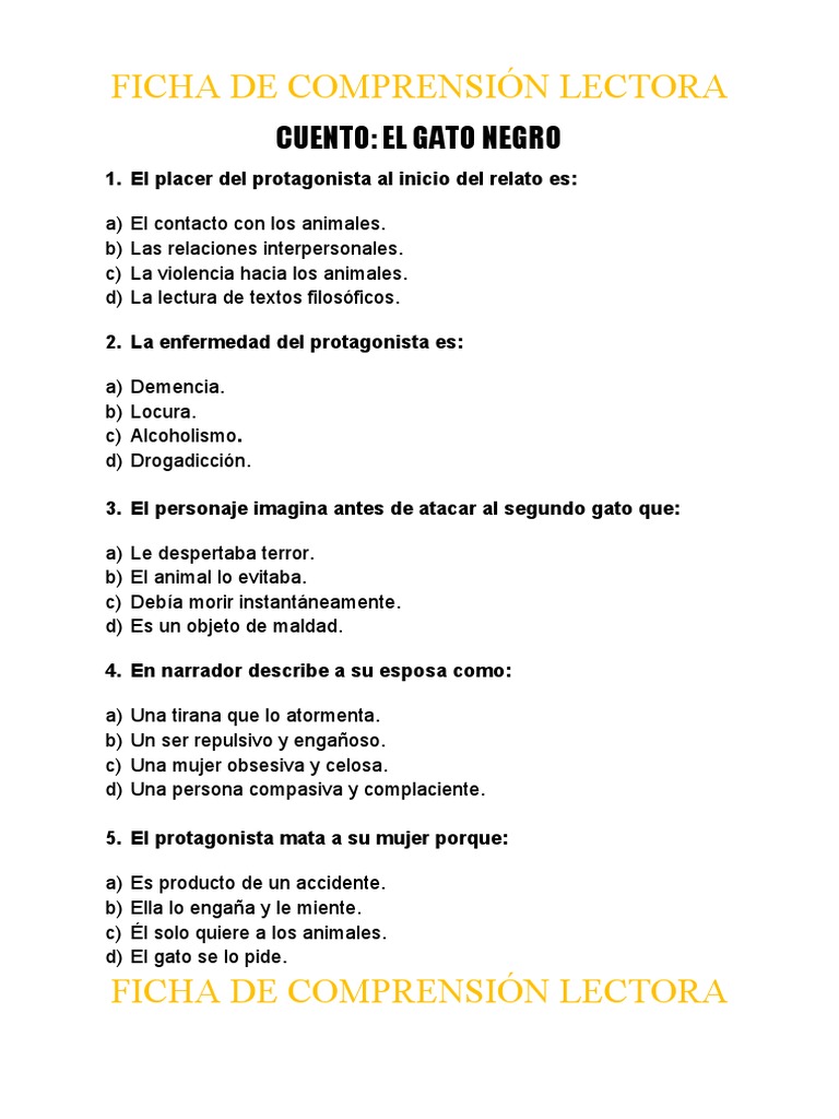 Ficha de Comprensión Lectora: Cuento: El Gato Negro | PDF | Rosa