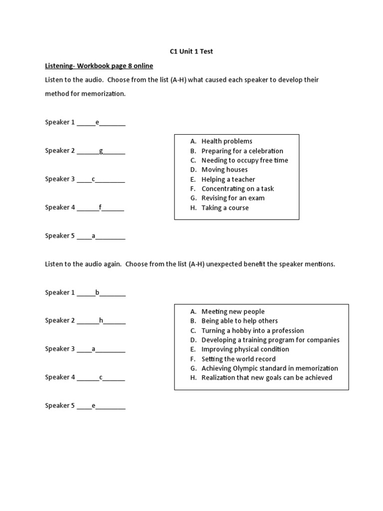 C1 Unit 1 Test Teacher | PDF | Memory | Cognition