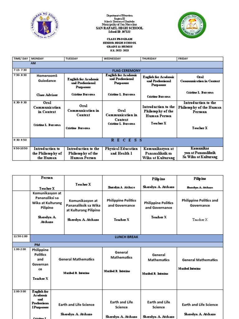 CLASS PROGRAM SHS 2022-2023 Regular | PDF | Cognition