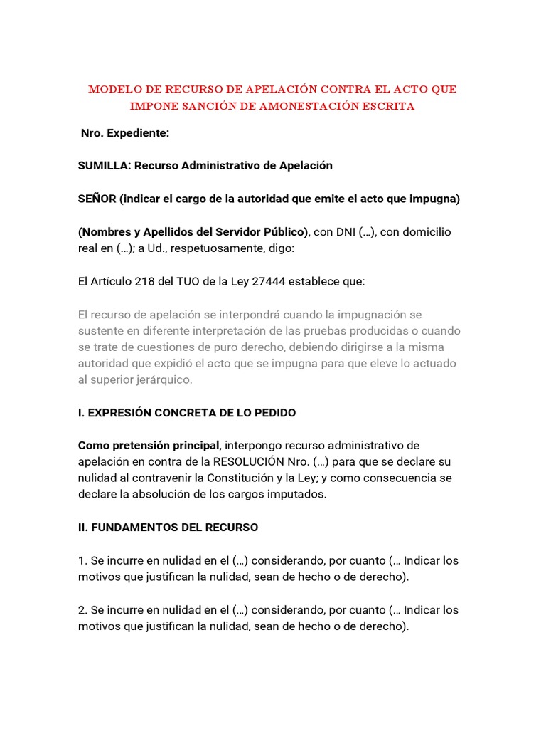 Modelo de Recurso de Apelación Contra El Acto Que Impone Sanción de Amonestación Escrita | PDF