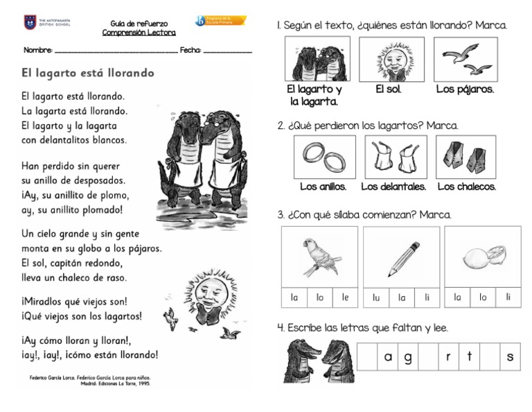Guía Comprensión EL LAGARTO ESTÁ LLORANDO | PDF